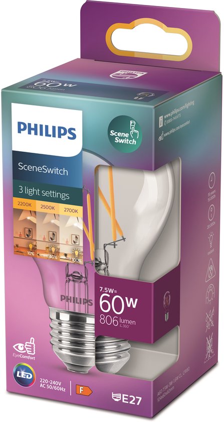 PHILIPS - LED Lamp - SceneSwitch Filament 827 A60 - E27 Fitting - Dimbaar - 1.6W-7.5W... | bol