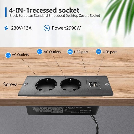 Verzonken stopcontact 2-voudig inbouwstopcontact met USB en 1.5m kabel ...