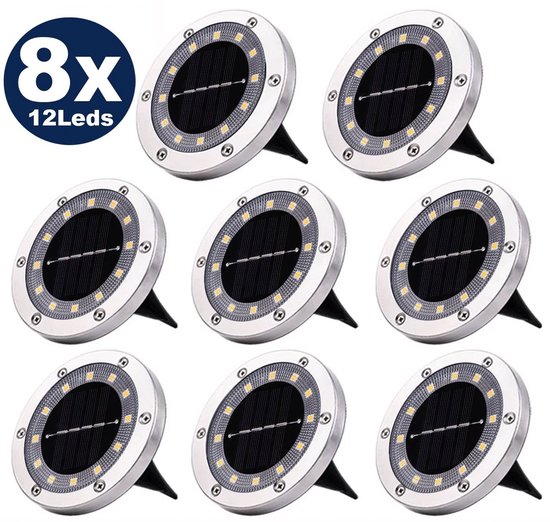 8x LED Warm Solar Grondspot Zilver RVS – Solar Tuinverlichting met 12 ...