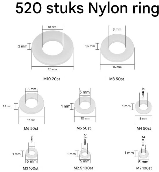 Nylon sluitring - Kunststof sluitring - Modellen: M2 M2.5 M3 M4 M5 M6 ...