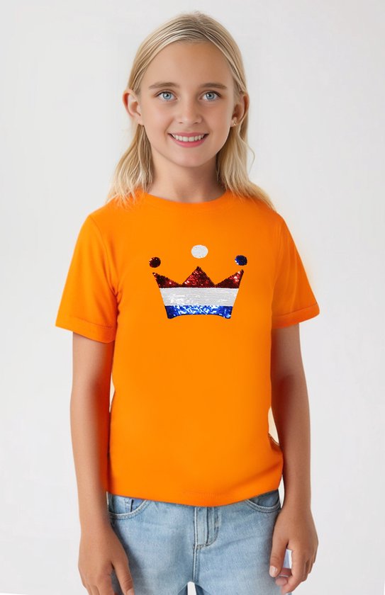 Oranje T-shirt kinderen Kroontje met magic sequence | Koningsdag ...