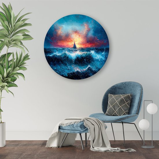 Zeilboot op zee bij zonsondergang - Zeilboot muurcirkel - Wandpaneel ...