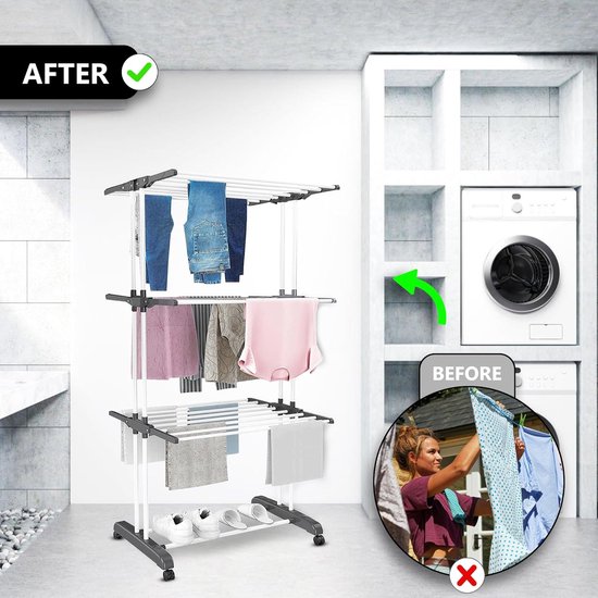 Inklapbaar Droogrek - Wasrek met 3 Lagen - 72x50x172 cm - Wit | bol