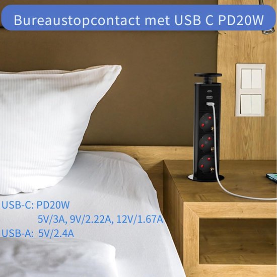 Inschuifbaar Stopcontact Met USB-C – 3-voudig Tafelstopcontact Voor ...