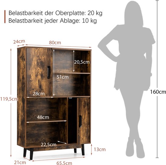 COSTWAY Boekenkast met 2 deuren en 4 open planken, hout, staand rek ...