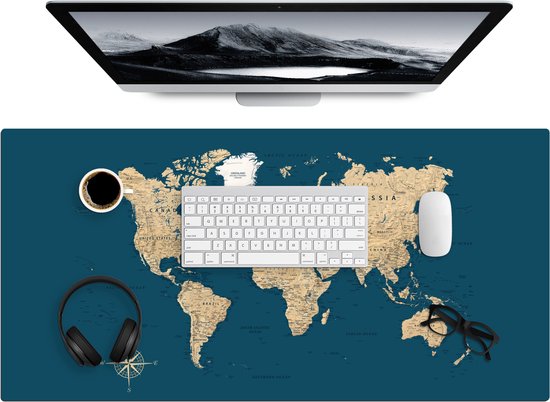 Bureau onderlegger 90x45 cm - Wereldkaart - Donkerblauw - Beige ...