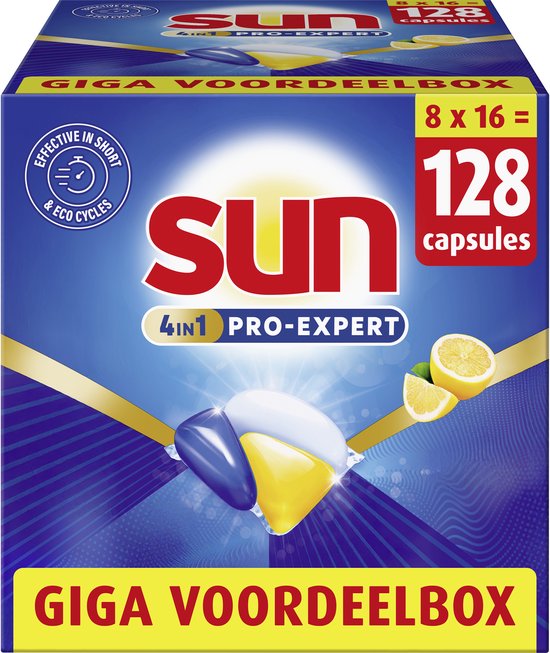 Sun Pro-Expert Vaatwascapsule - 4in1 Citroen - 8 x 16 Stuks - Voordeelverpakking | bol