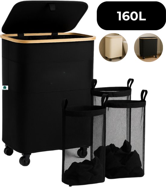 AKSA Home® Wasmand met Wieltjes - Wassorteerder met 3 vakken - Wasmand ...