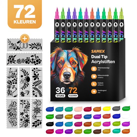 Samex® Acrylstiften Dual Tip 36 Stuks - 72 Kleuren - Twinmarkers ...