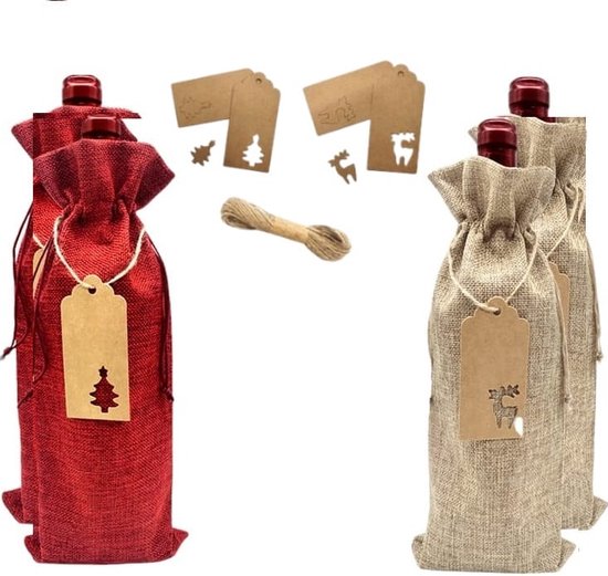 Cadeau Wijnfles Kerst Verpakking Jute 4 stuks - Cadeauverpakking ...