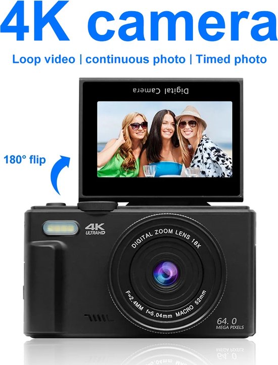 4K Digitale Camera met 18X Zoom – 64MP Compacte Fotocamera met 3'' 180 ...