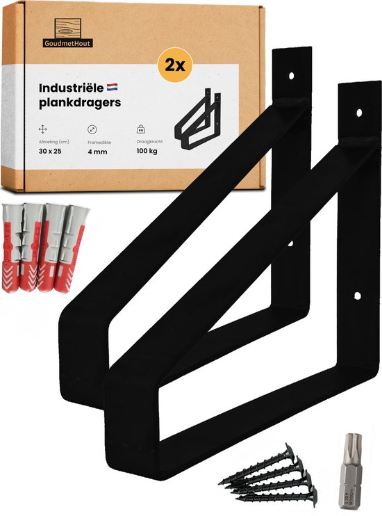 GoudmetHout Industriële Plankdragers XL 30 cm - Staal - Mat Zwart - 4 ...