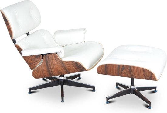 Lounge Chair + Hocker - Wit - Palissander - Leer - Set - Relaxfauteuil ...