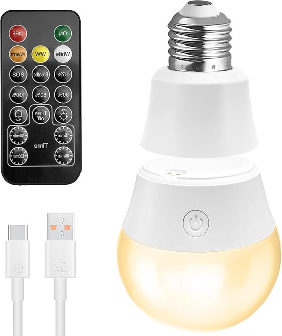 USB-C gloeilamp met afstandsbediening E27 LED oplaadbaar - werkt op batterijen - 3... | bol