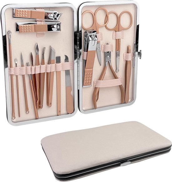 18-delig roestvrij staal roségoud manicureset - professionele nagelknipperset - beige... | bol