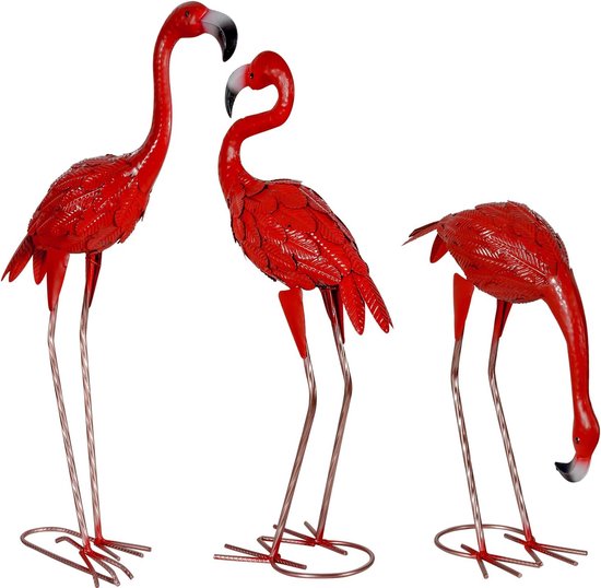 Flamingo tuinbeelden - Tuindecoratie - 3 stuks - Rood - Metaal | bol