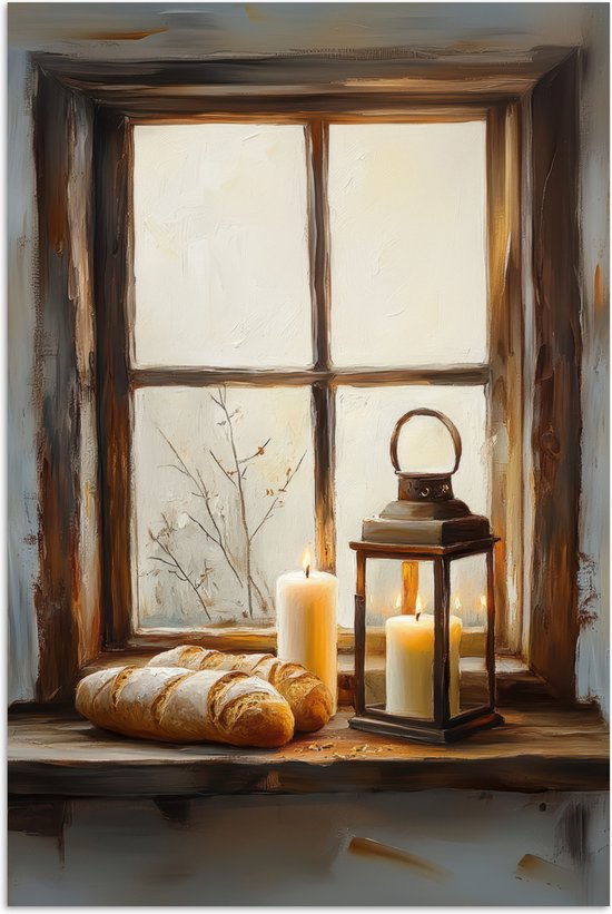 Poster 60x90 cm - Stilleven - Rustiek - Kaarsen - Broden - Raam ...