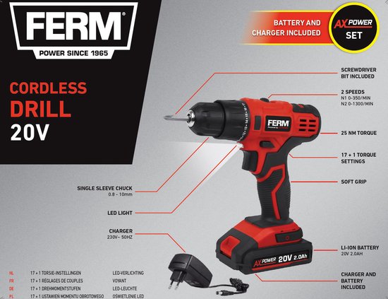 FERM - CDM1184 - Accuboormachine - 20Volt - en - 2.0Ah accu - en ...