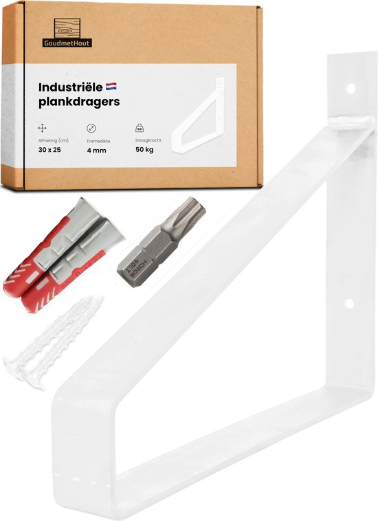 GoudmetHout Industriële Plankdrager 30 cm - Per stuk - Staal - Mat Wit ...