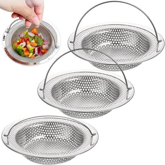 3 stuks afvoerzeef van roestvrij staal - handvat - voor keukenspoelbak ...