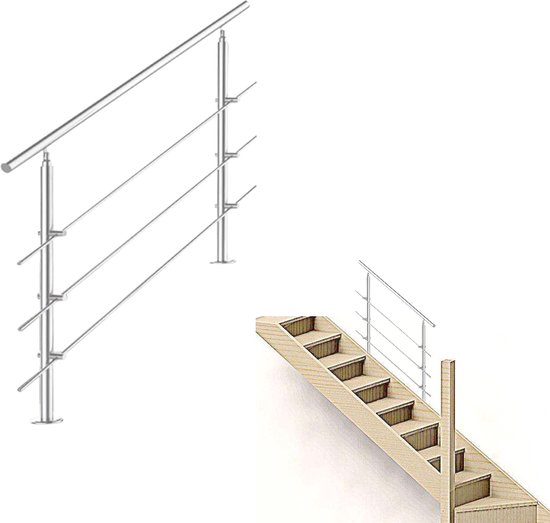 Trapleuning - Roestvrij Stalen - 120cm - 3 Dwarsbalken - leuning voor ...
