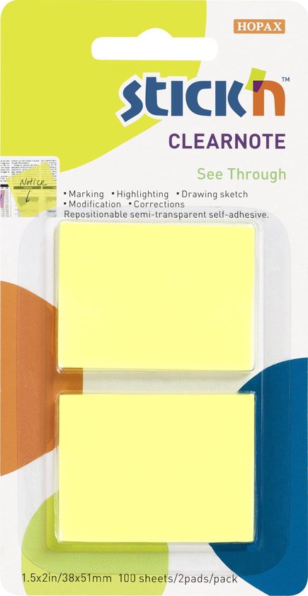 Stick'n Clear note, doorzichtige sticky note, 38x50mm, 2x 50 ...