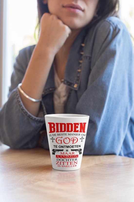 Passie voor stickers Witte koffie mok / beker / Latte met tekst: Bidden ...