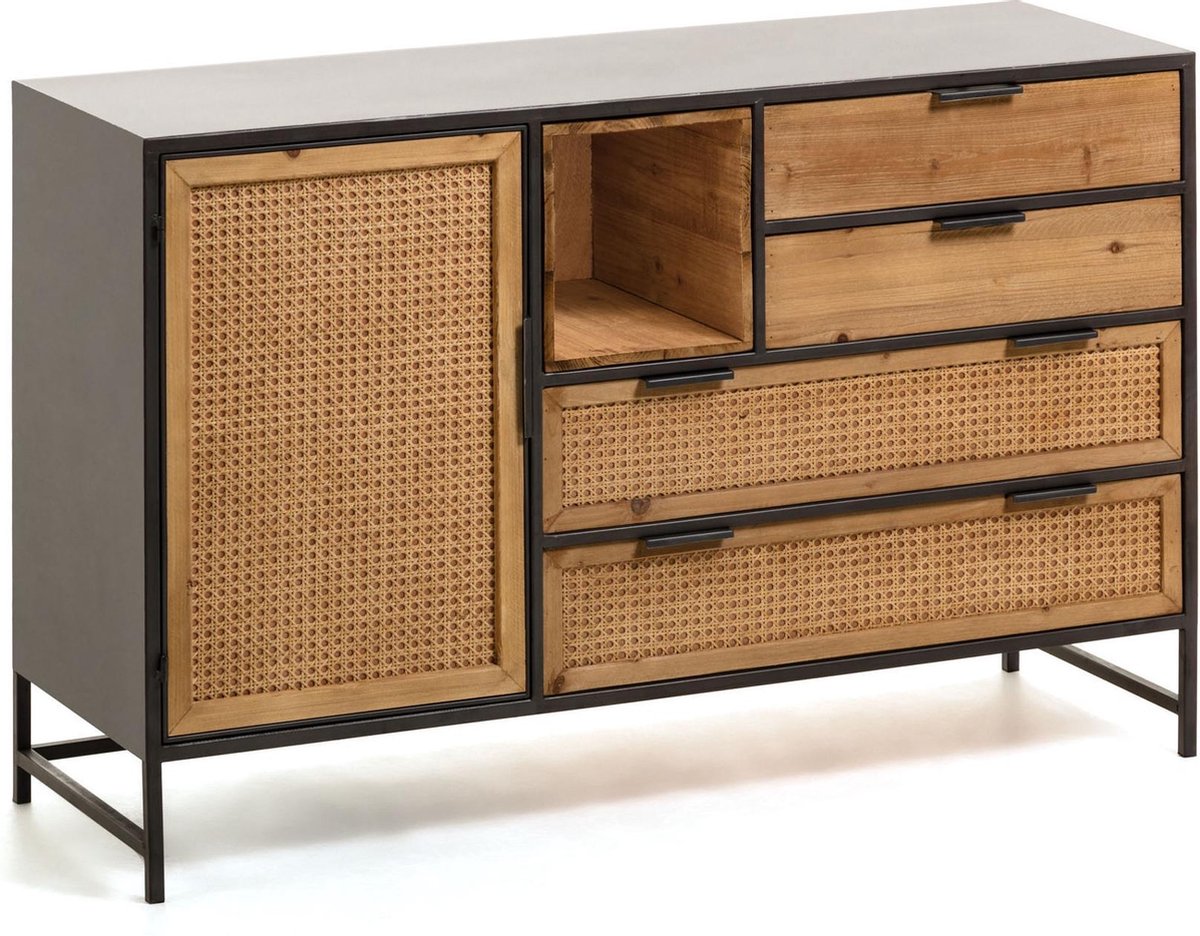 Kave Home - Kyoko massief dennenhouten & zwart metalen dressoir met 1 ...