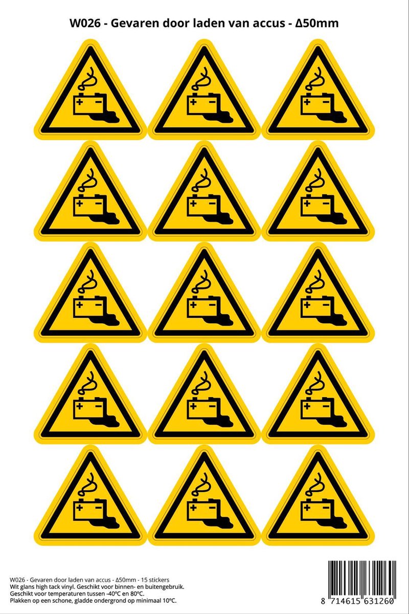 Pictogram sticker W026 - Gevaren door laden van accus - Δ50mm - 15 ...