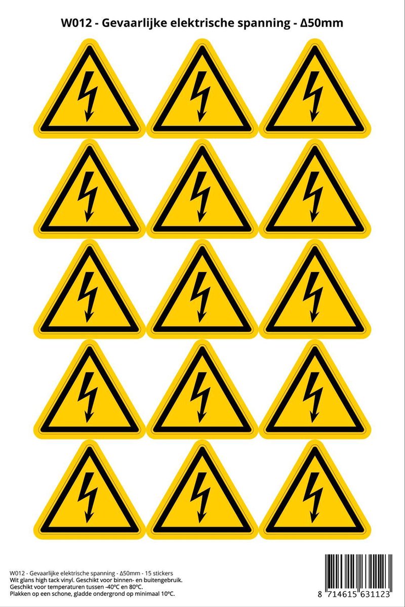 Pictogram sticker W012 - Gevaarlijke elektrische spanning - Δ50mm - 15 ...