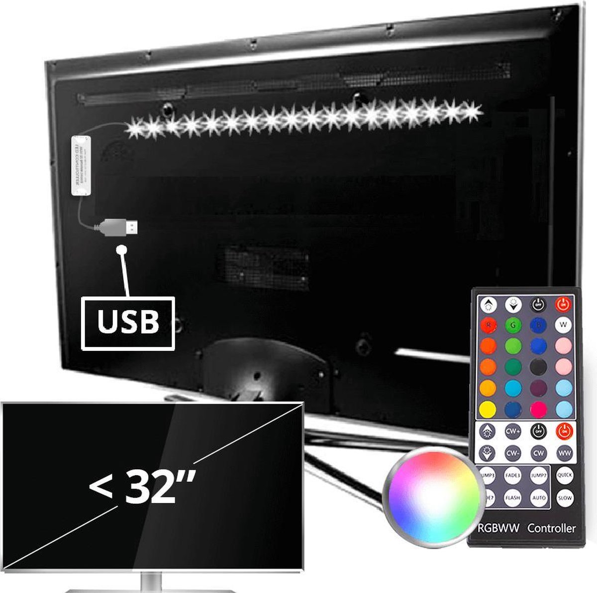 TV backlight set met 1 RGBWW ledstrip voor TV’s