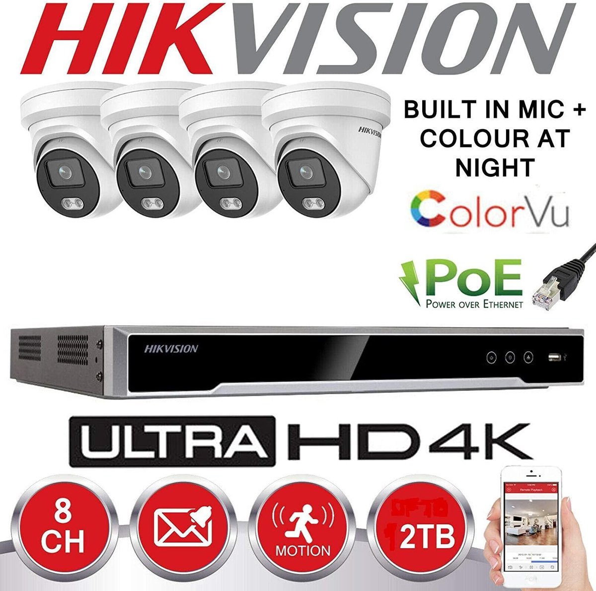 HIKVISION CCTV-systeem IP-POE 8 MP 8CH 4K UHD NVR Audio MIC kleuren 4x ...