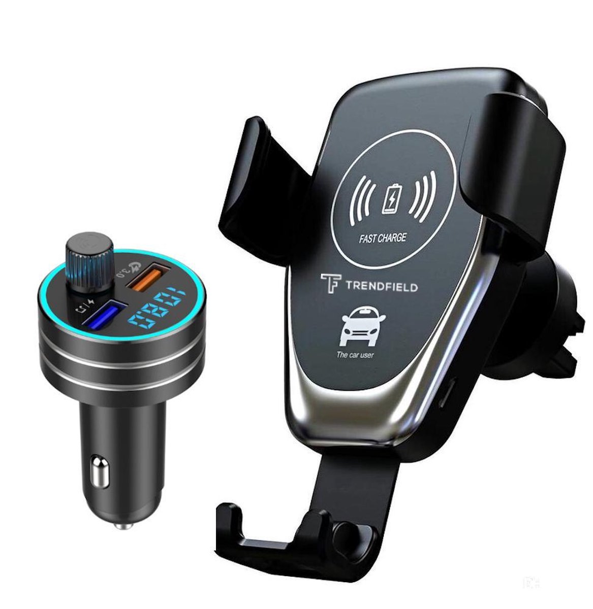 Telefoonhouder Auto + Draadloos Opladen van Telefoon + FM Transmitter ...
