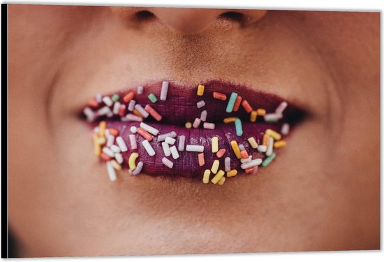 Dibond –Lippen met Gekleurde Hagelslag– 60x40 Foto op Aluminium ...