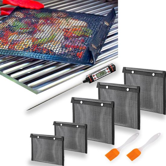 bbq accesoires - 5 anti-aanbak bakzakken 2 bakwasten 1 barbecue thermometer -... | bol.com