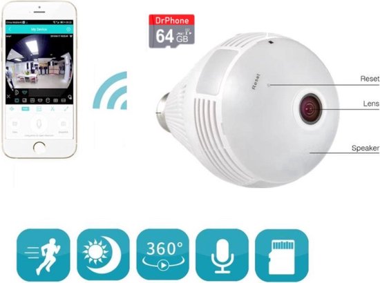 DrPhone SECUR® 360 ° Wifi Camera - Verborgen Lamp + 64GB Micro SD ...