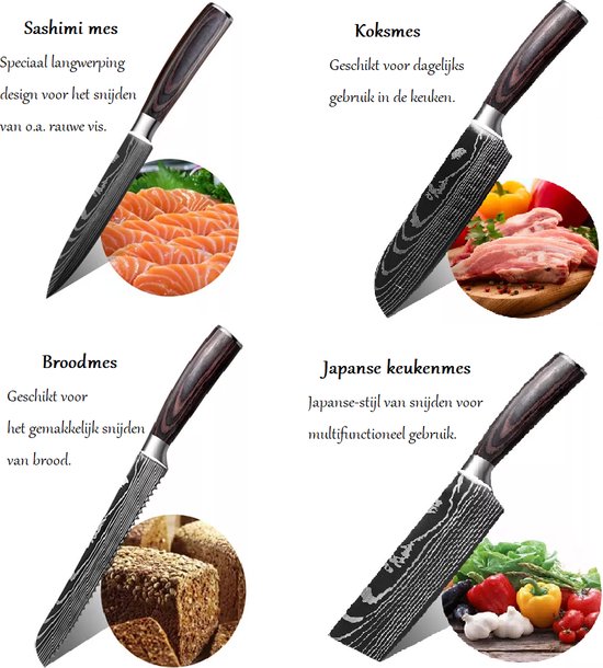 Japanse messenset - Japanse messen - Koksmessen set- Damascus mes - 8 ...