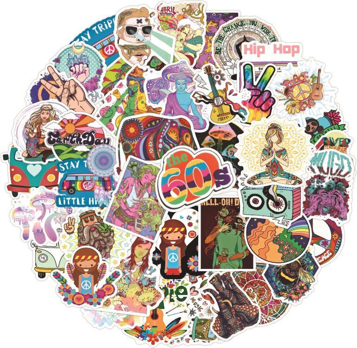 Sticker mix Happy Hippie Sixties - 50 stickers voor laptop, muur ...