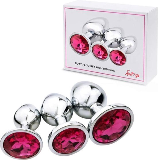 Tipstoys Metalen Rvs Buttplug Set Voor Pspot Roze Siersteen Diamant