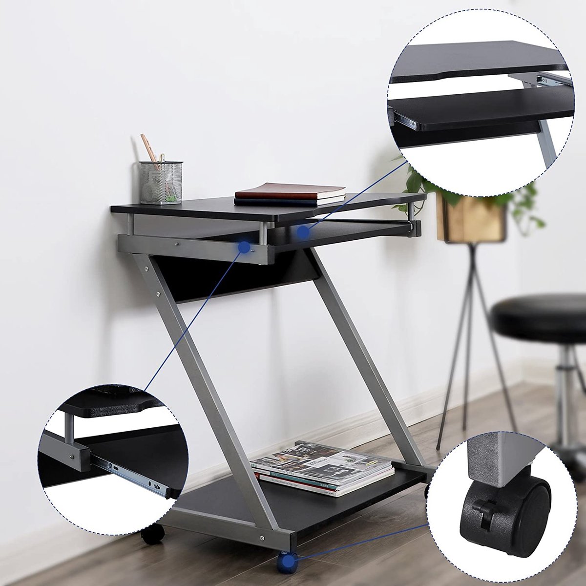 c90 - VASAGLE Bureau, computertafel met 4 wielen, 2 daarvan met remmen ...