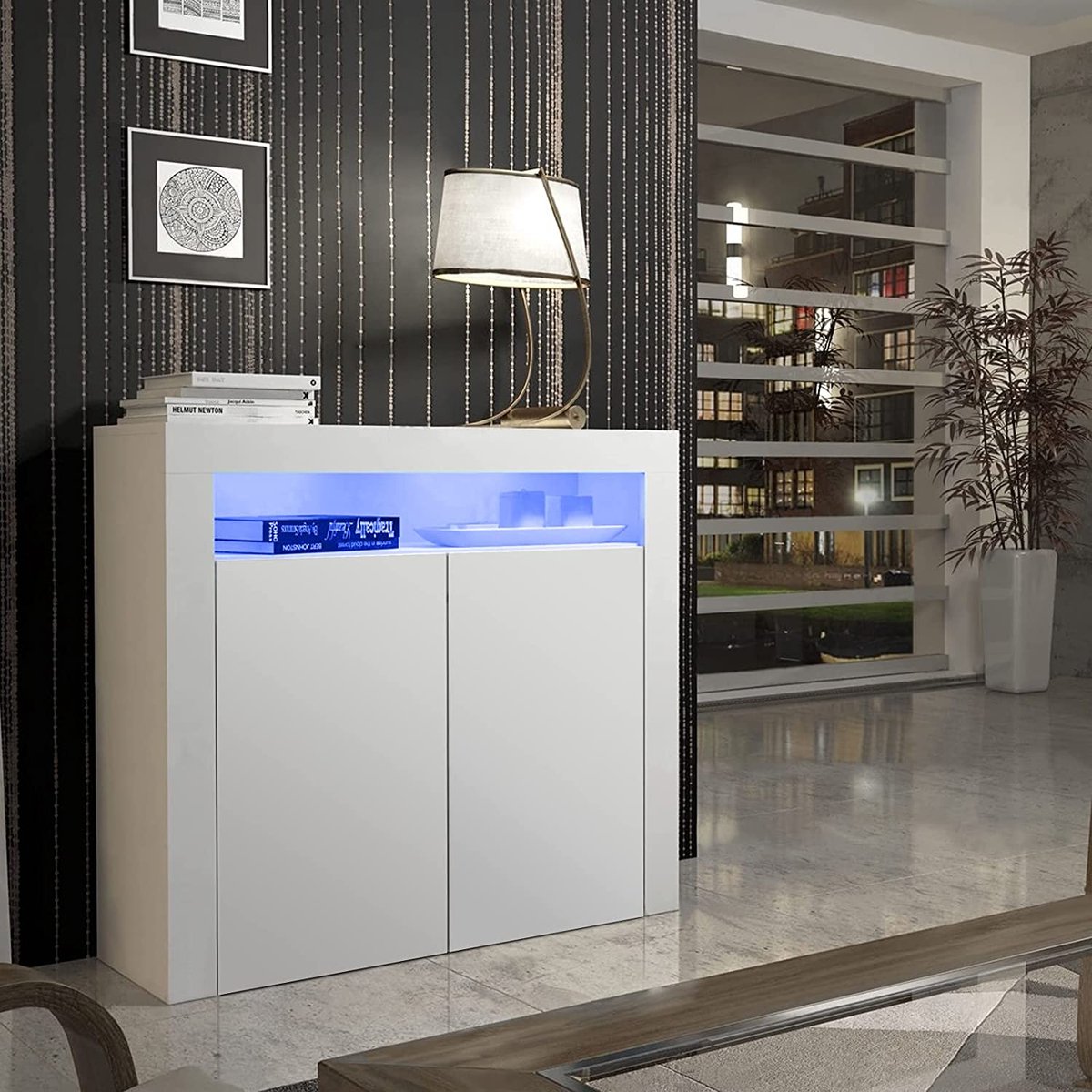 Moderne Wit Hoogglans Matt Kast Dressoir met LED Lichten Boekenplank ...