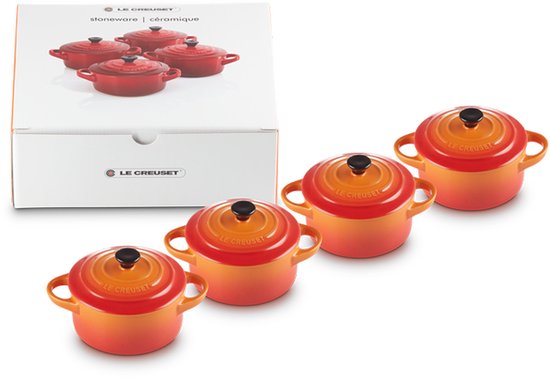 Le Creuset set van 4 aardewerken mini braadpannen Oranjerood 10cm 0,25l ...