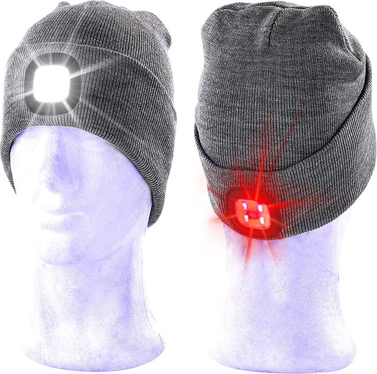 Zwarte herlaadbare LED BEANIE MUTS met wit licht vooraan en rood licht ...