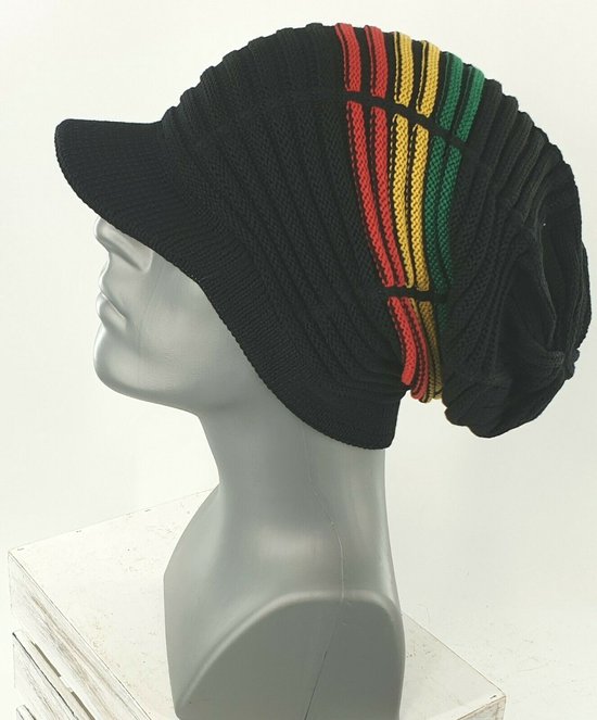 Lange rasta beanie met kort klepje jamaica muts kleur zwart maat one ...
