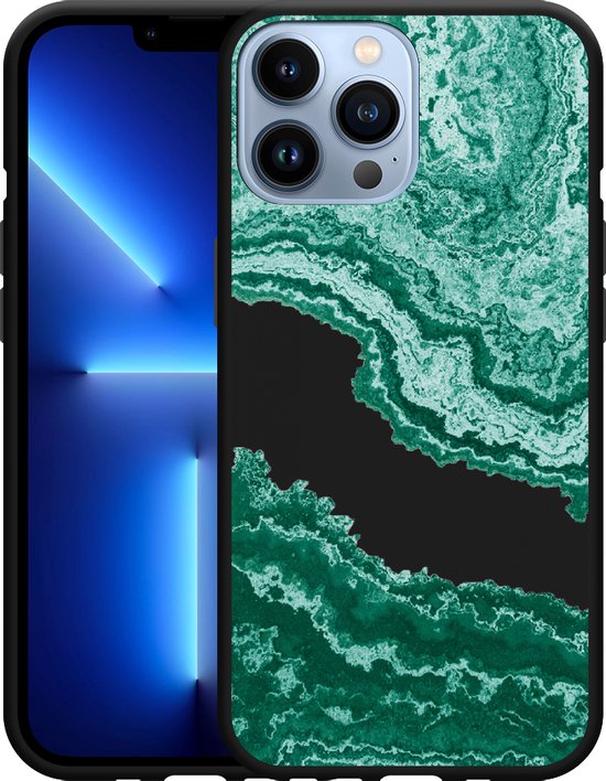 Geschikt voor Apple iPhone 13 Pro Max Hoesje Zwart Turquoise Marble Art ...