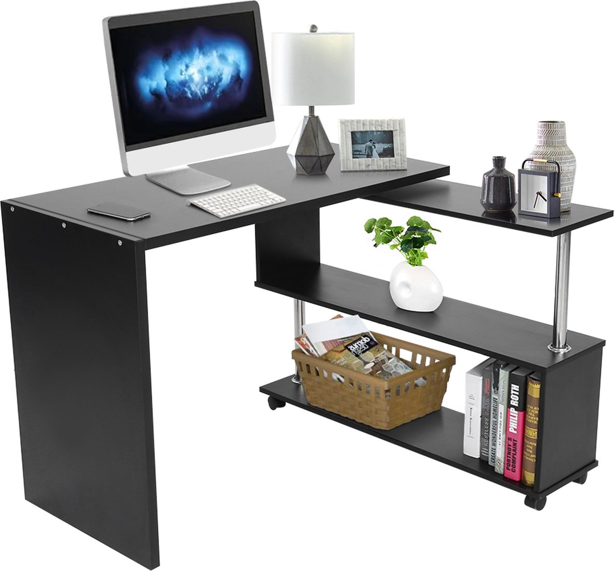 Verstelbare hoek computer bureau-met boekenplanken-zwart | bol