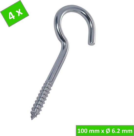 TQ4U Schroefhaak - Waslijnhaak - 100 mm - Ø 6.2 mm - Verzinkt - 4 stuks ...