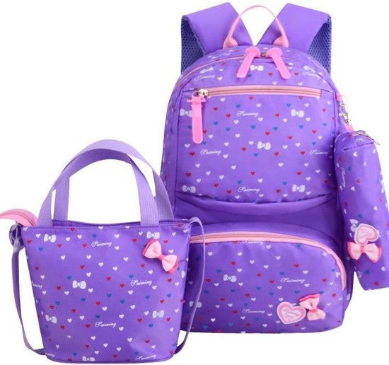 Set Sac à Dos 3 Pièces - Coeurs Violets - Cartable - Sac à Dos Enfant ...