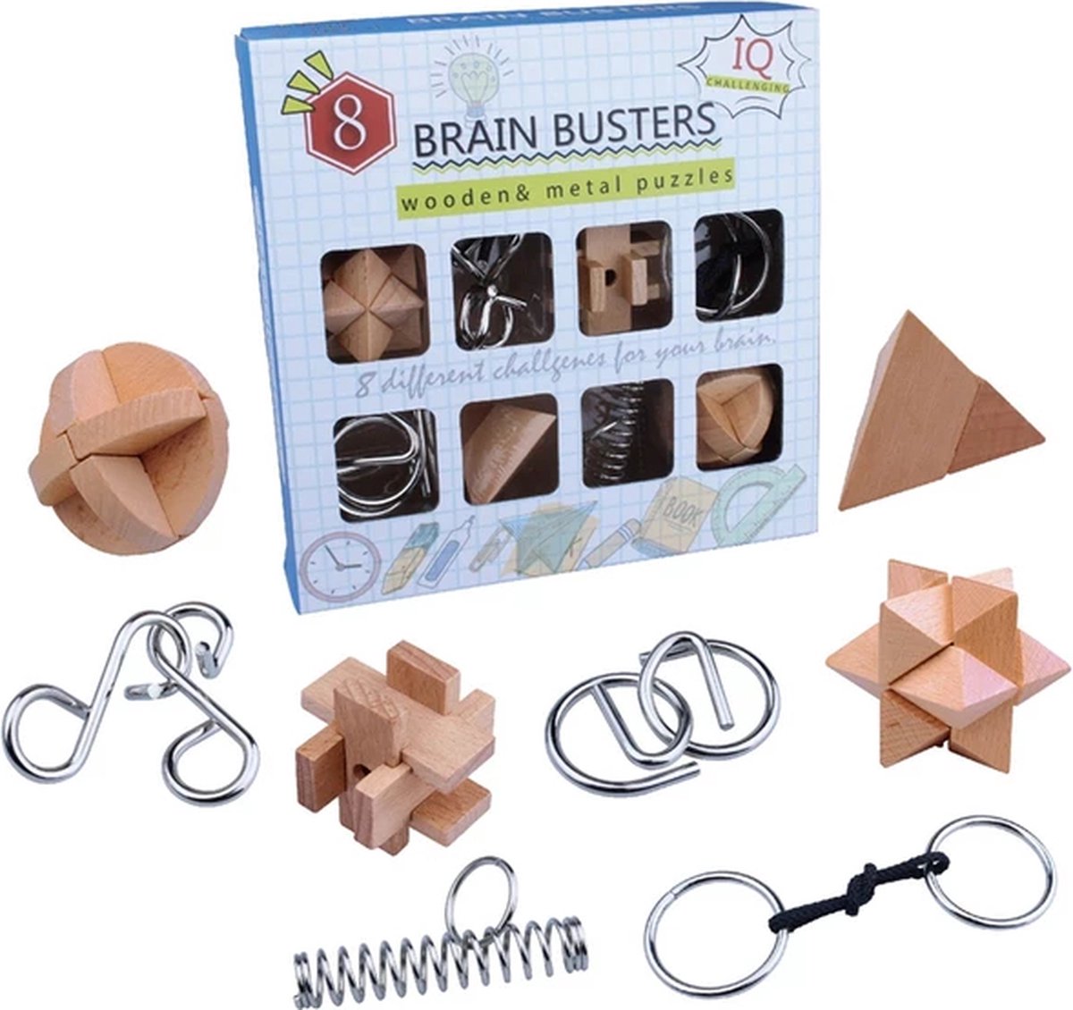 IQ Puzzel 3D - Metaal en hout - 8 Verschillende breinbrekers | bol.com