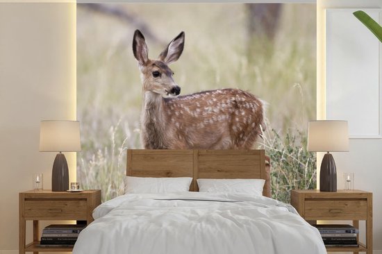 Behang - Fotobehang Hert - Gras - Stippen - Breedte 220 cm x hoogte 220 ...